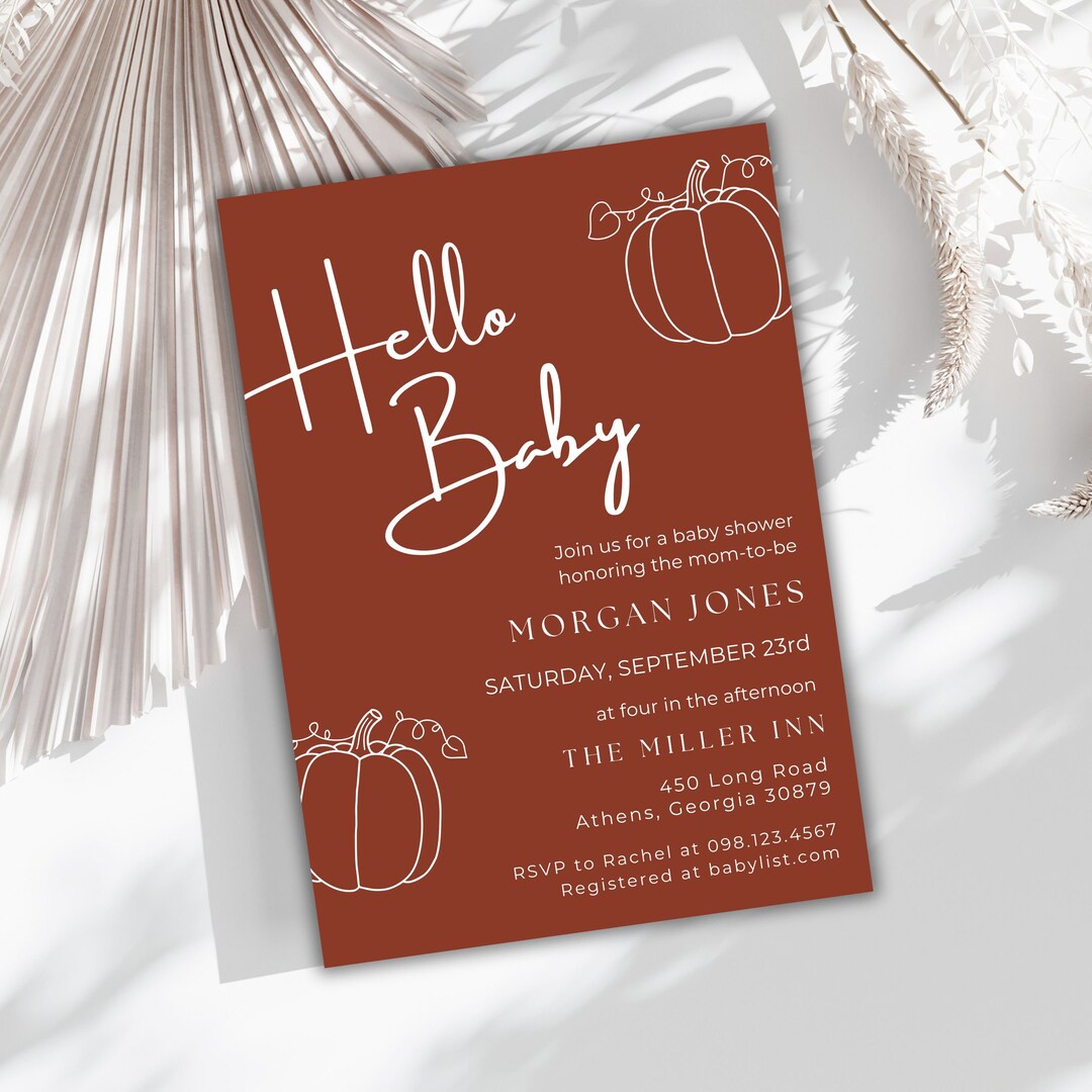 Hello Baby Shower Invitation Template, Fall Pumpkin Invite, Terracotta ...