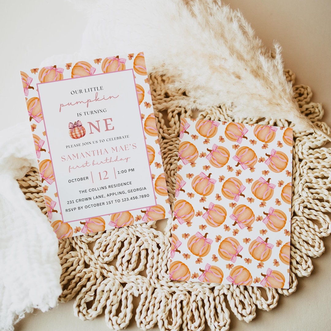 Fall First Birthday Invitation Template, Fall Gingham Pumpkin Birthday ...