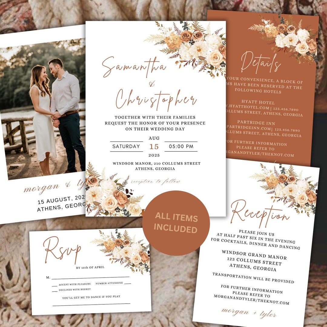 Boho Wedding Invitation Bundle, Printable Wedding Invitation Template ...