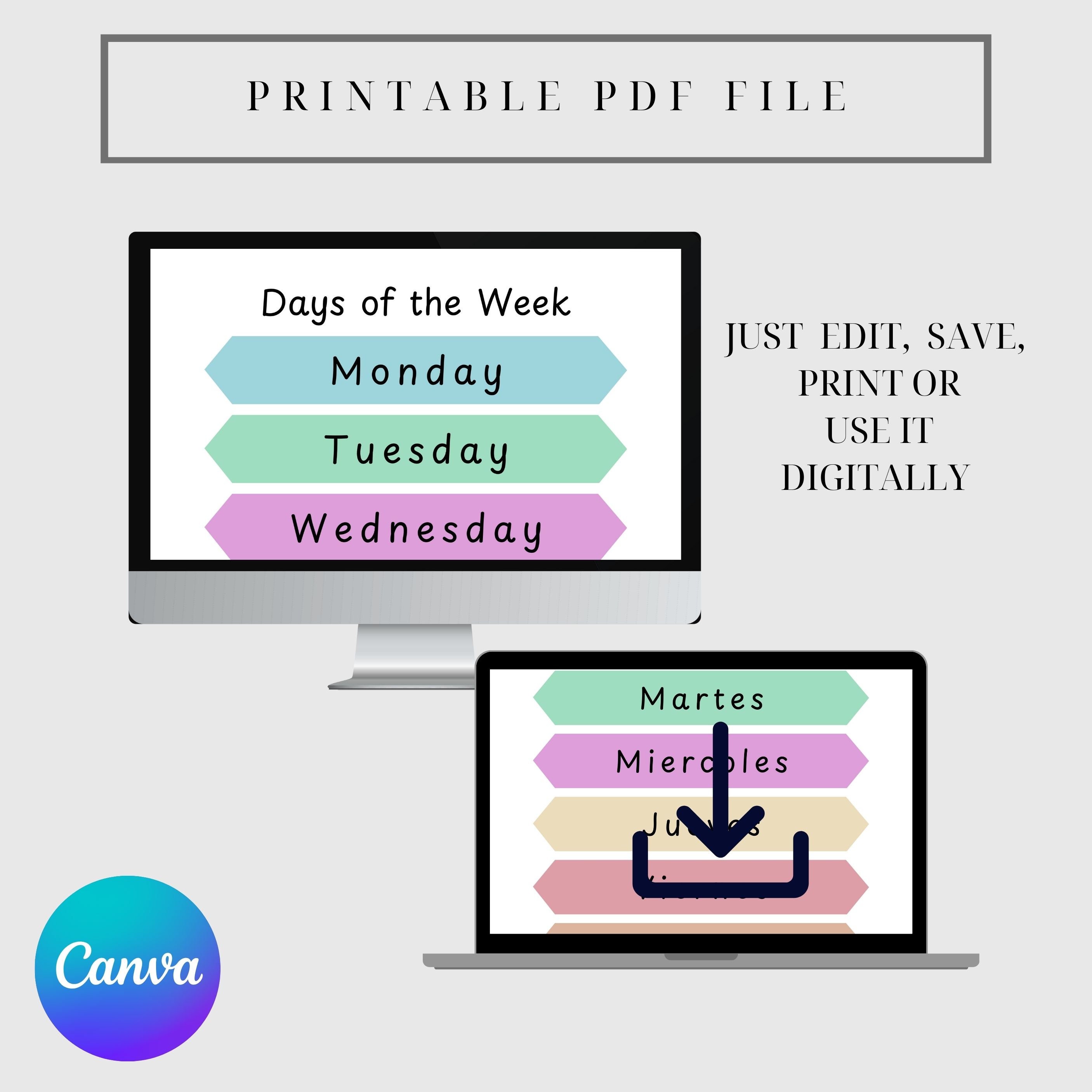 Days of the Week Poster, Bilingual English Spanish, Montessori ...