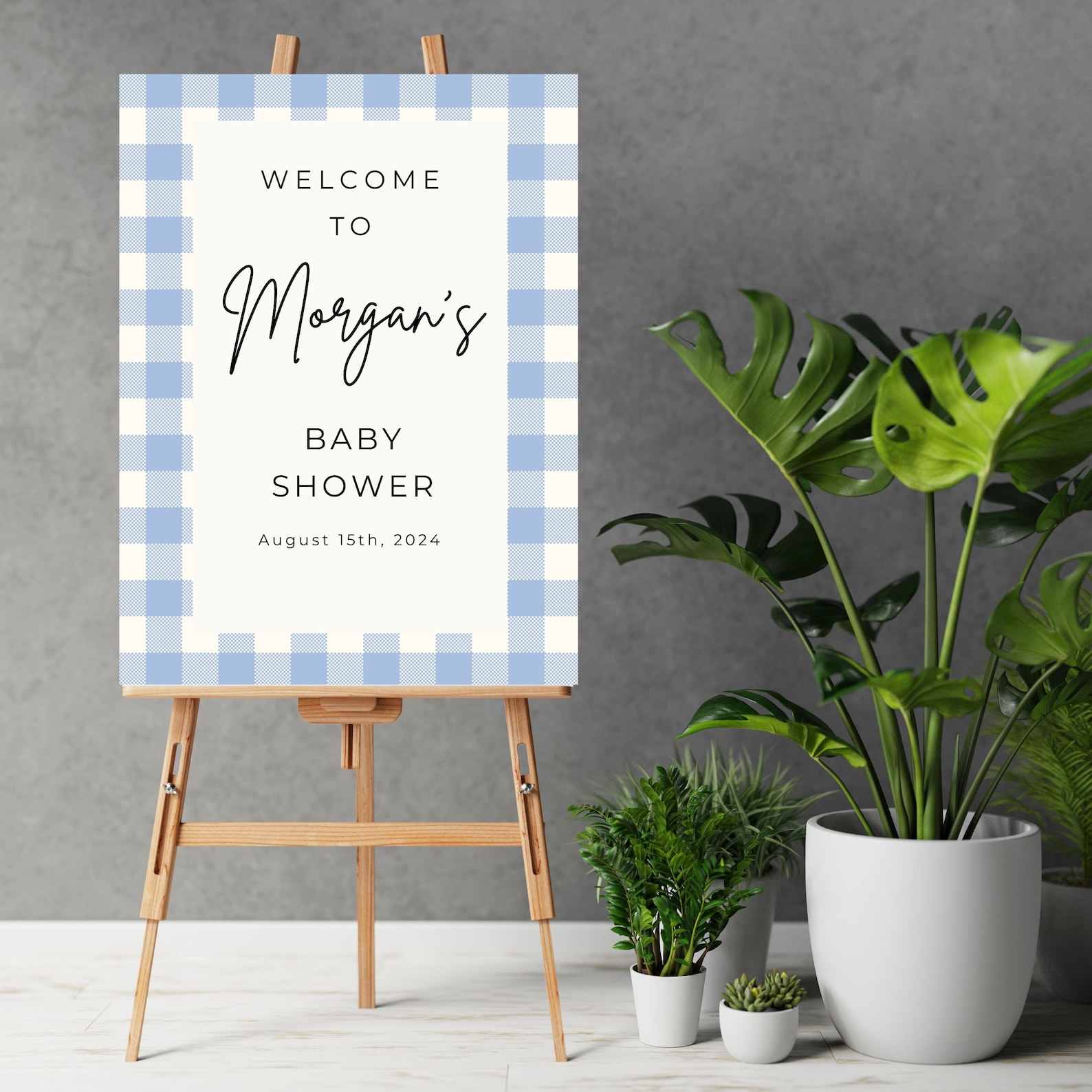Baby Shower Welcome Sign, Gingham Blue Baby Shower Poster, Baby Boy ...