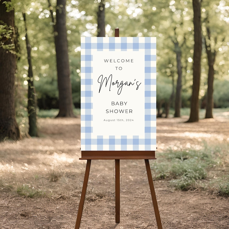 Baby Shower Welcome Sign, Gingham Blue Baby Shower Poster, Baby Boy ...