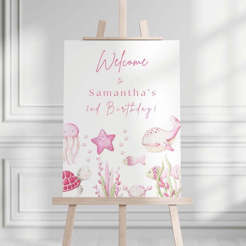 Two the Sea Girl Birthday Ocean Welcome Sign, Watercolor Welcome Sign ...