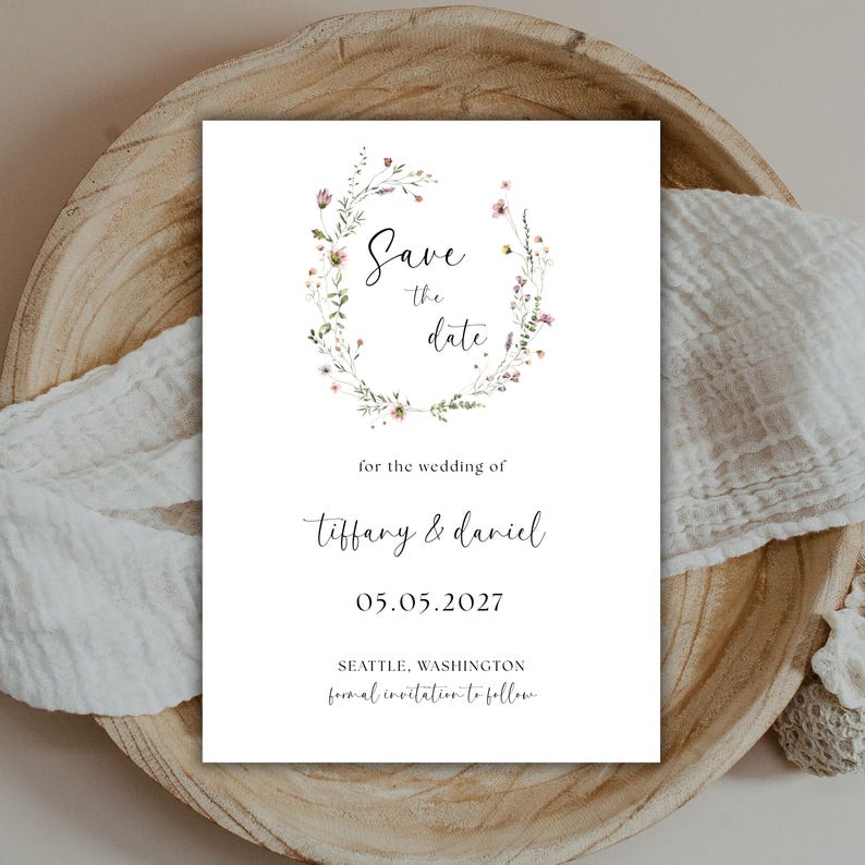 Editable Save the Date Template, Floral Wreath Photo Save the Date ...