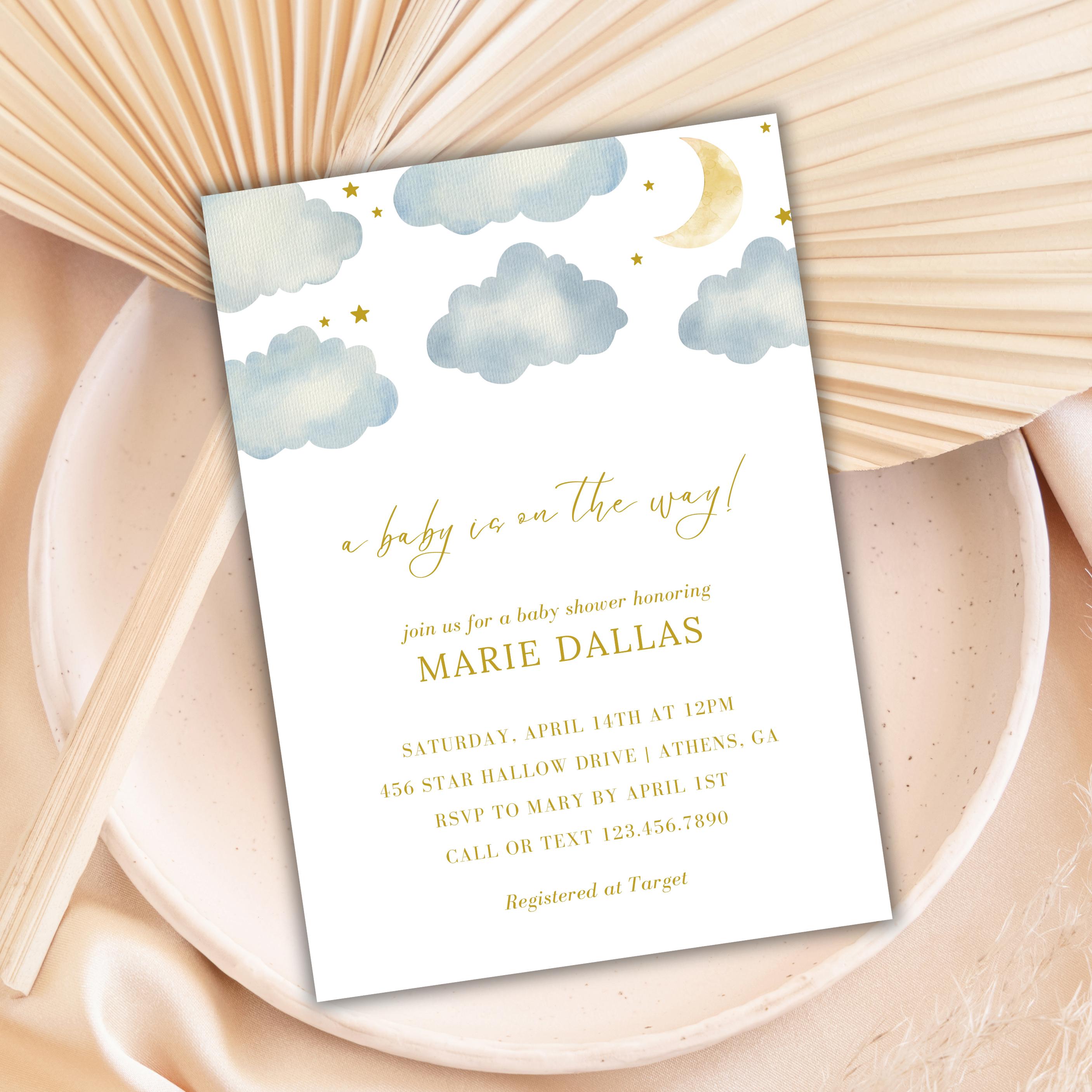 Cloud Baby Shower Invitation Template, Moon and Stars Baby Shower ...