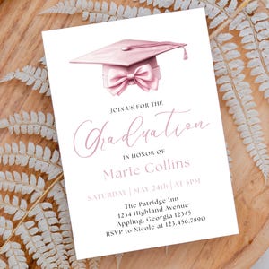 Pink Cap Graduation Invitation, Watercolor Pink Cap Grad Party Invite ...
