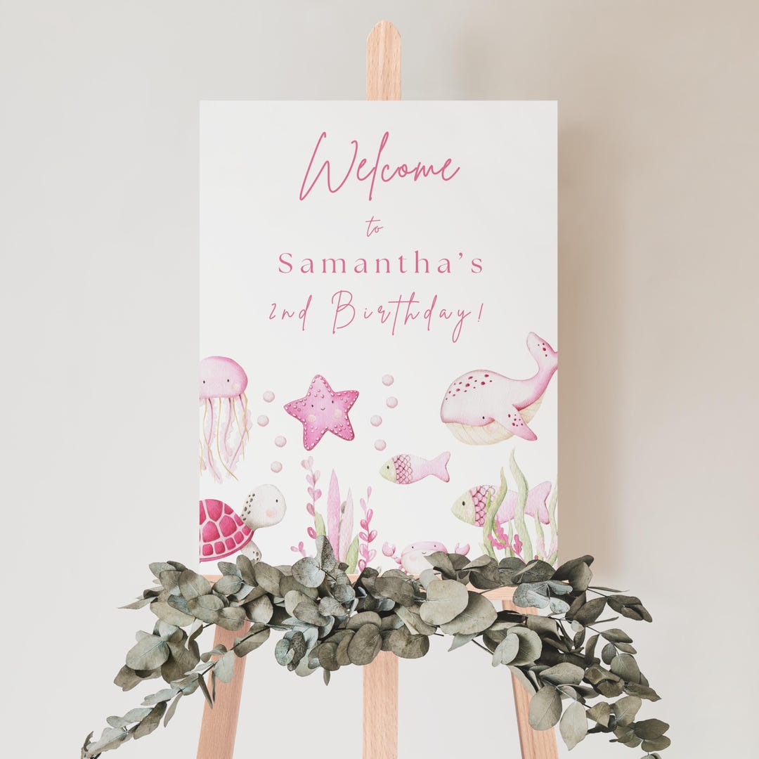 Two the Sea Girl Birthday Ocean Welcome Sign, Watercolor Welcome Sign ...