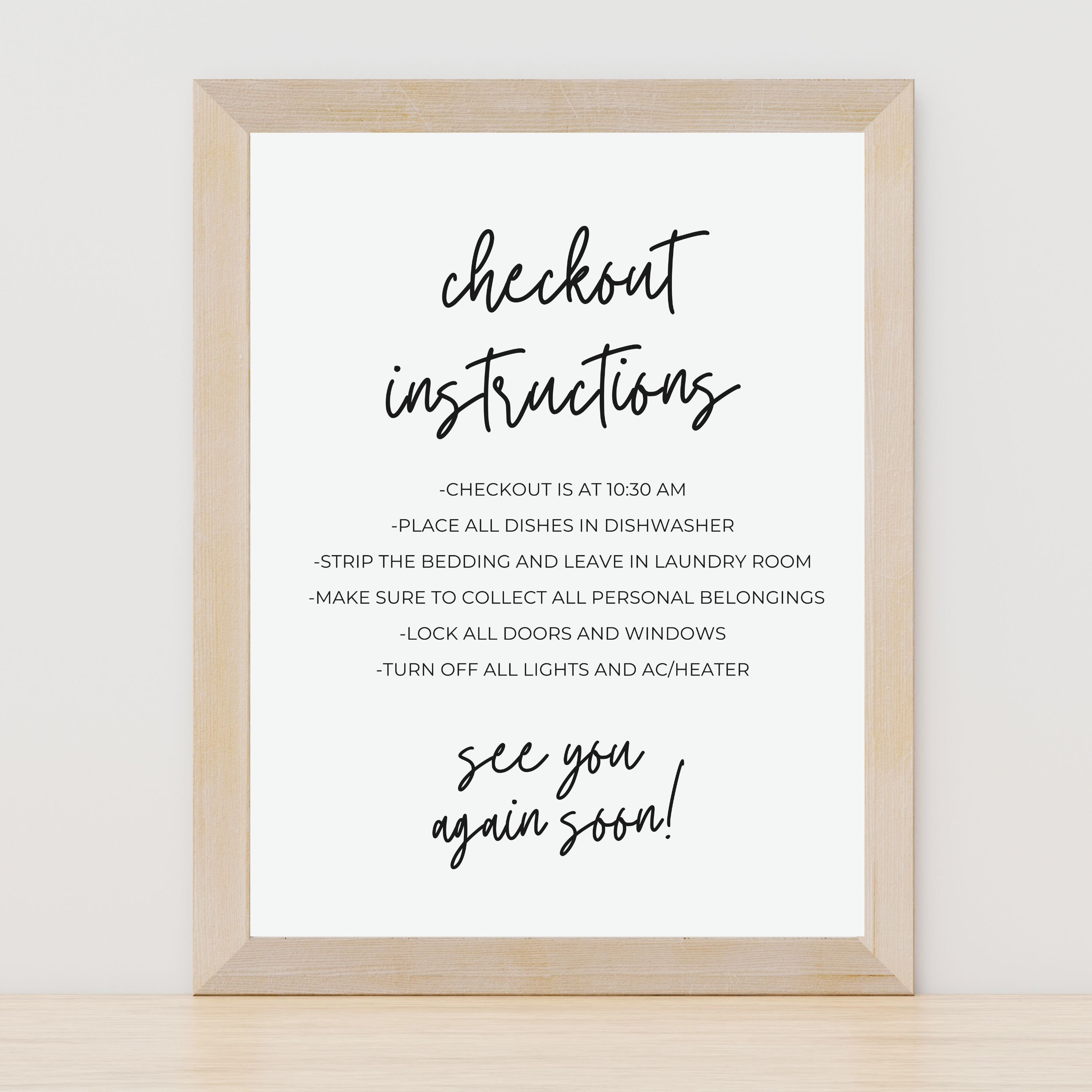 Checkout Sign Airbnb Template, Rental Home Checkout Instruction Sign ...