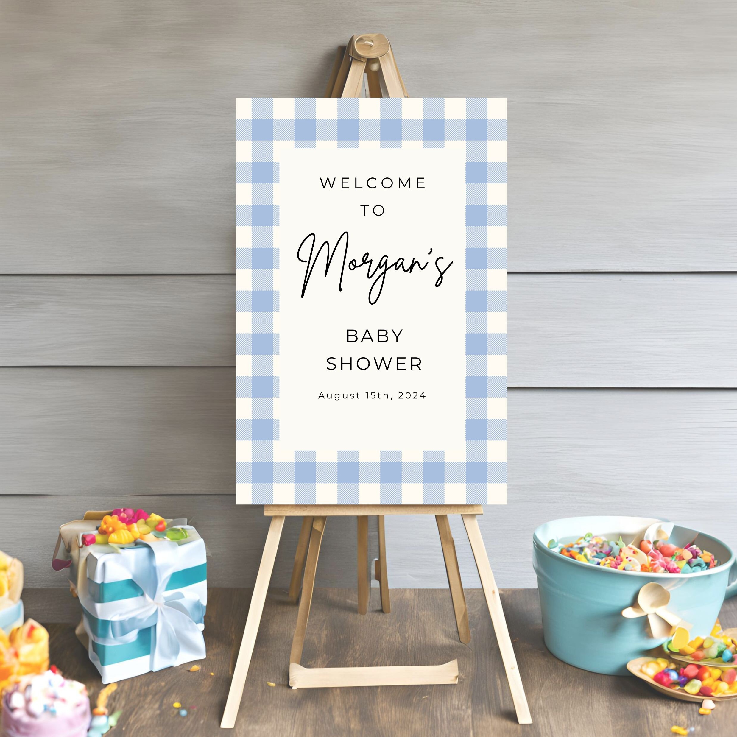 Baby Shower Welcome Sign, Gingham Blue Baby Shower Poster, Baby Boy ...