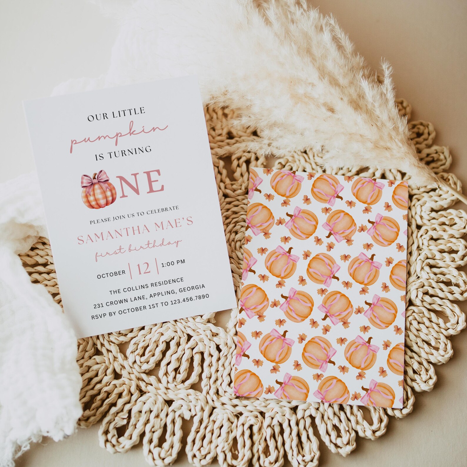 Fall Pumpkin First Birthday Invitation, Pink Gingham (canva Template ...
