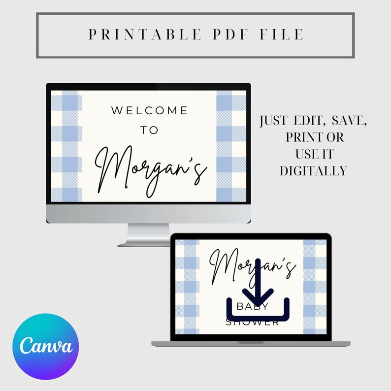 Baby Shower Welcome Sign, Gingham Blue Baby Shower Poster, Baby Boy ...