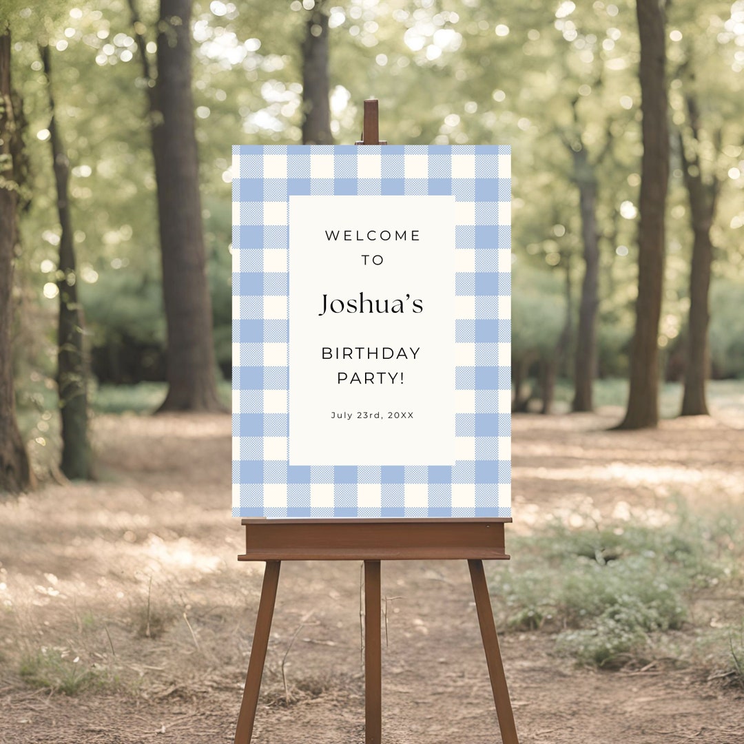 Gingham Blue Welcome Sign Template, Printable Blue Gingham Birthday ...