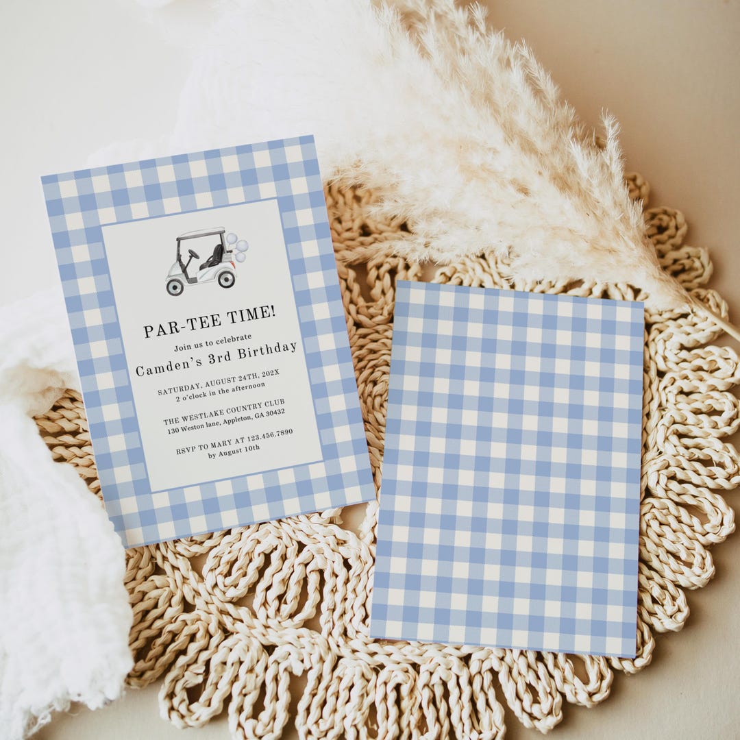 Editable Golf Birthday Invitation, Boy Blue Gingham Birthday Invite ...