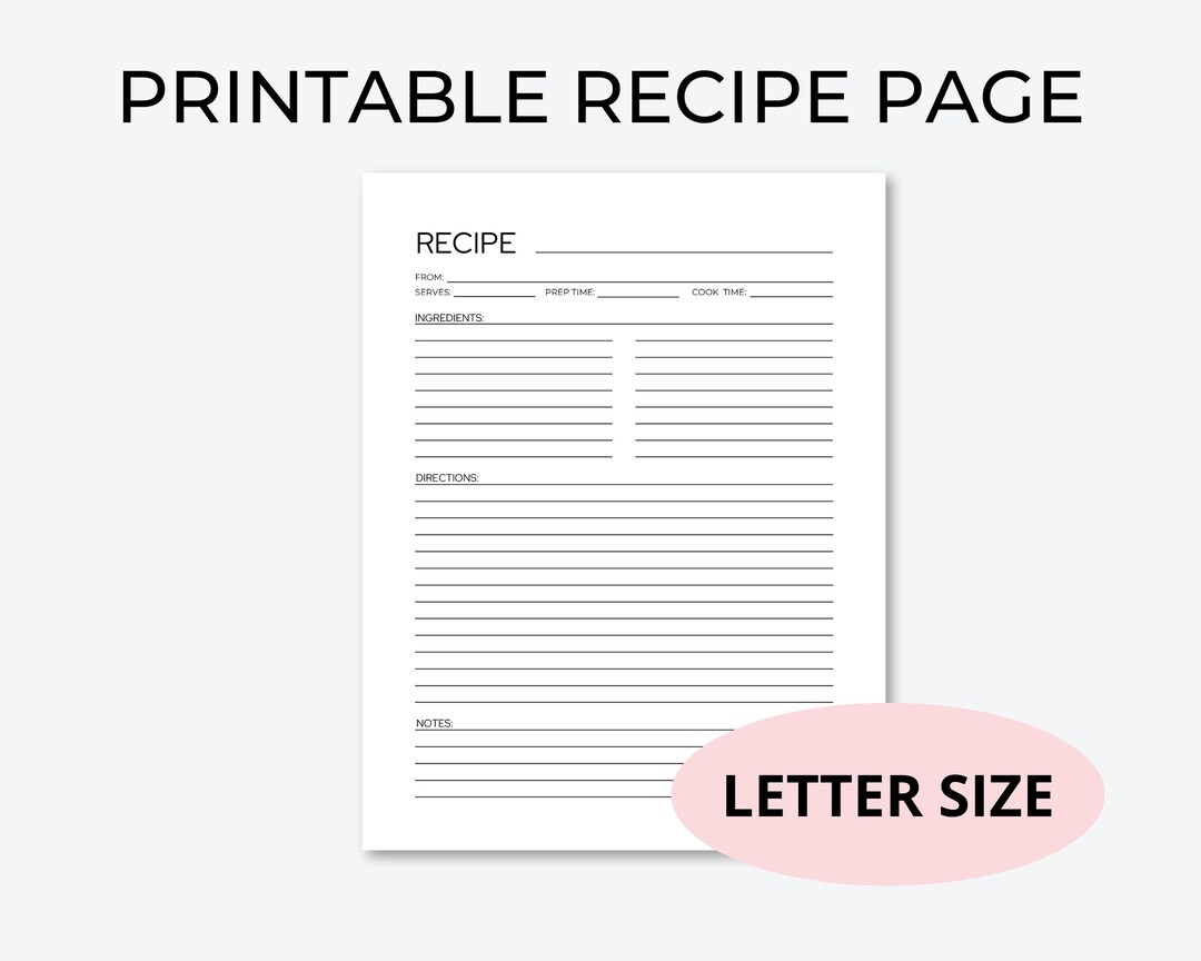 Printable Recipe Page, Minimalist Recipe Page, Letter Size - Etsy