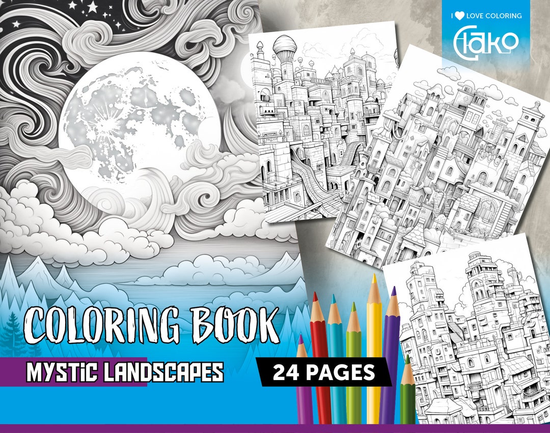 24 Mystical Landscapes Fantasy Coloring Book, Adults Kids Instant ...