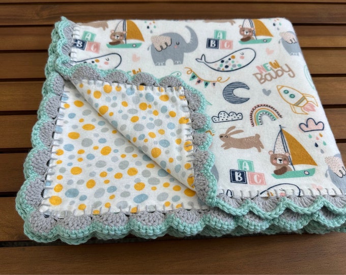 Flannel Receiving Baby Blanket With Crochet Edge, Double- Sided, 41x36 ...
