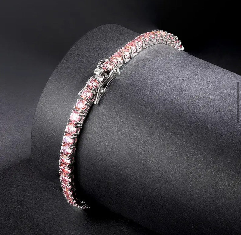 Sparkling Pink Moissanite Tennis Chain Bracelet 100% 925 Sterling ...