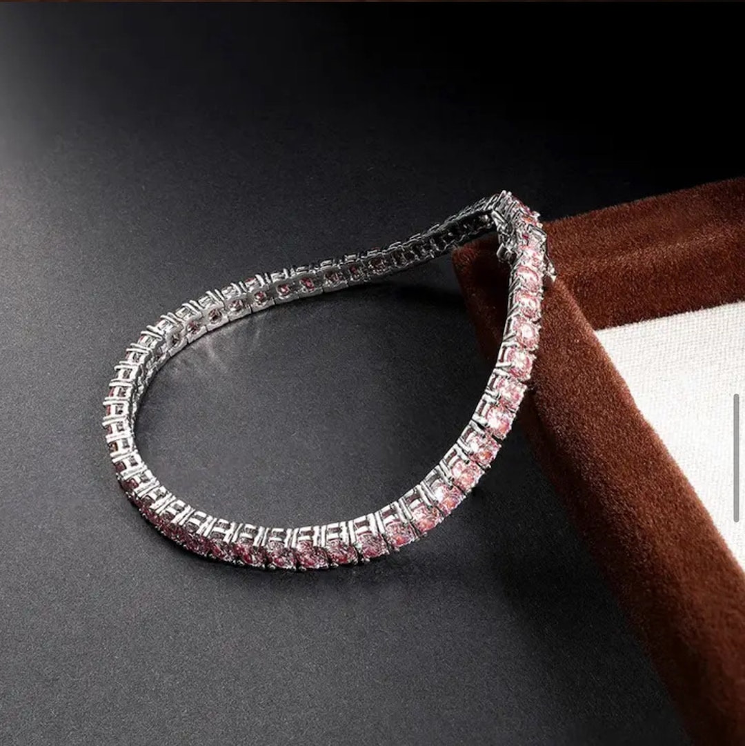 Sparkling Pink Moissanite Tennis Chain Bracelet 100% 925 Sterling ...
