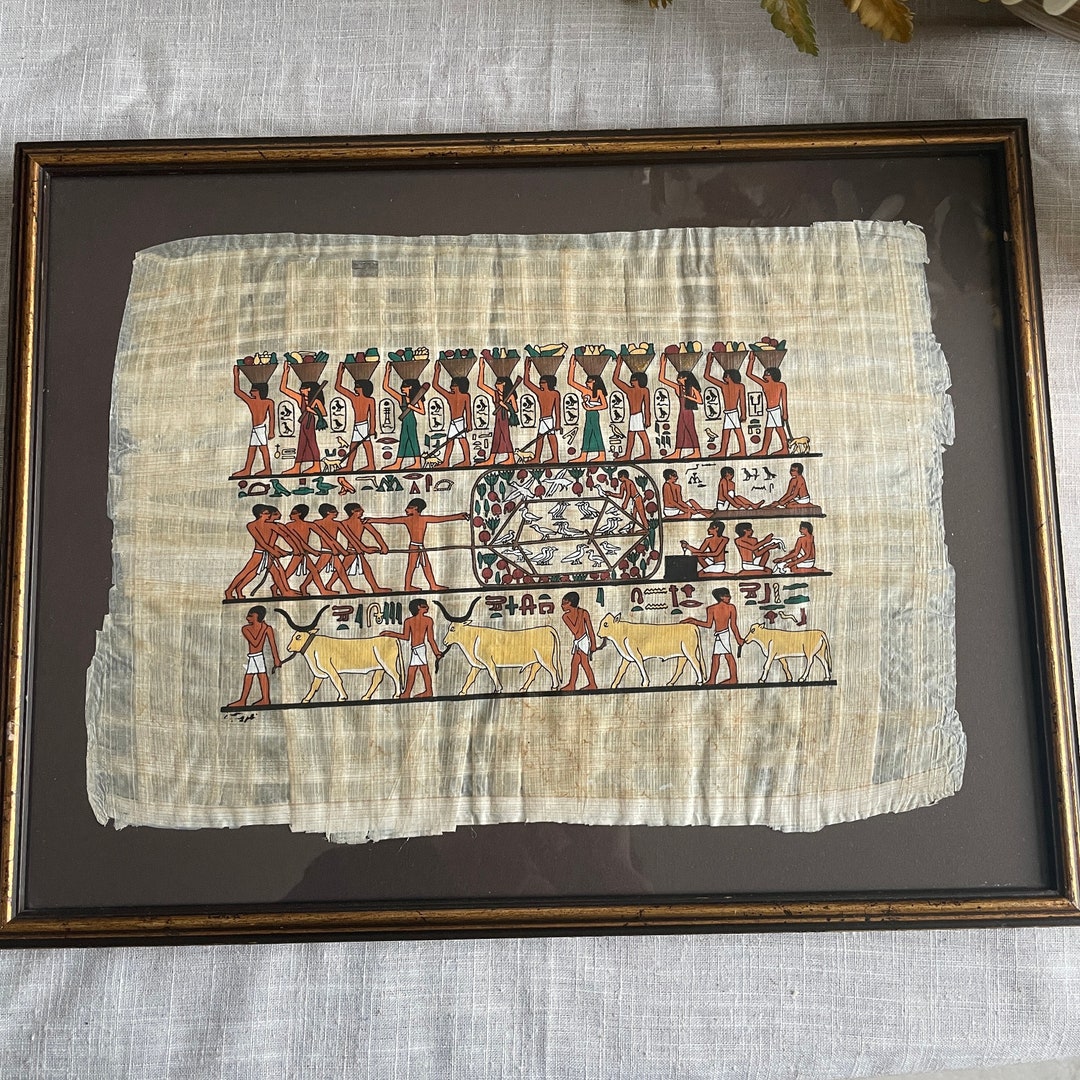 Vintage Authentic Egyptian Papyrus Art With Gold Tone Frame, Vintage ...