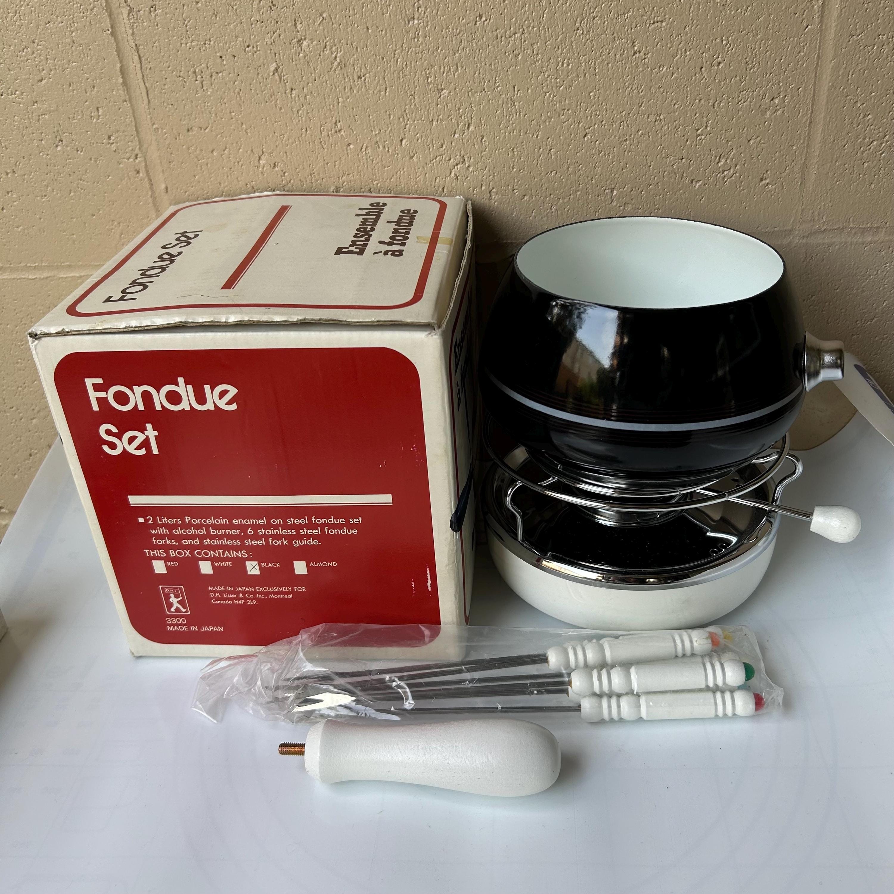 Vintage MCM 2 Liters Porcelain Steel Fondue Set With White Wooden ...