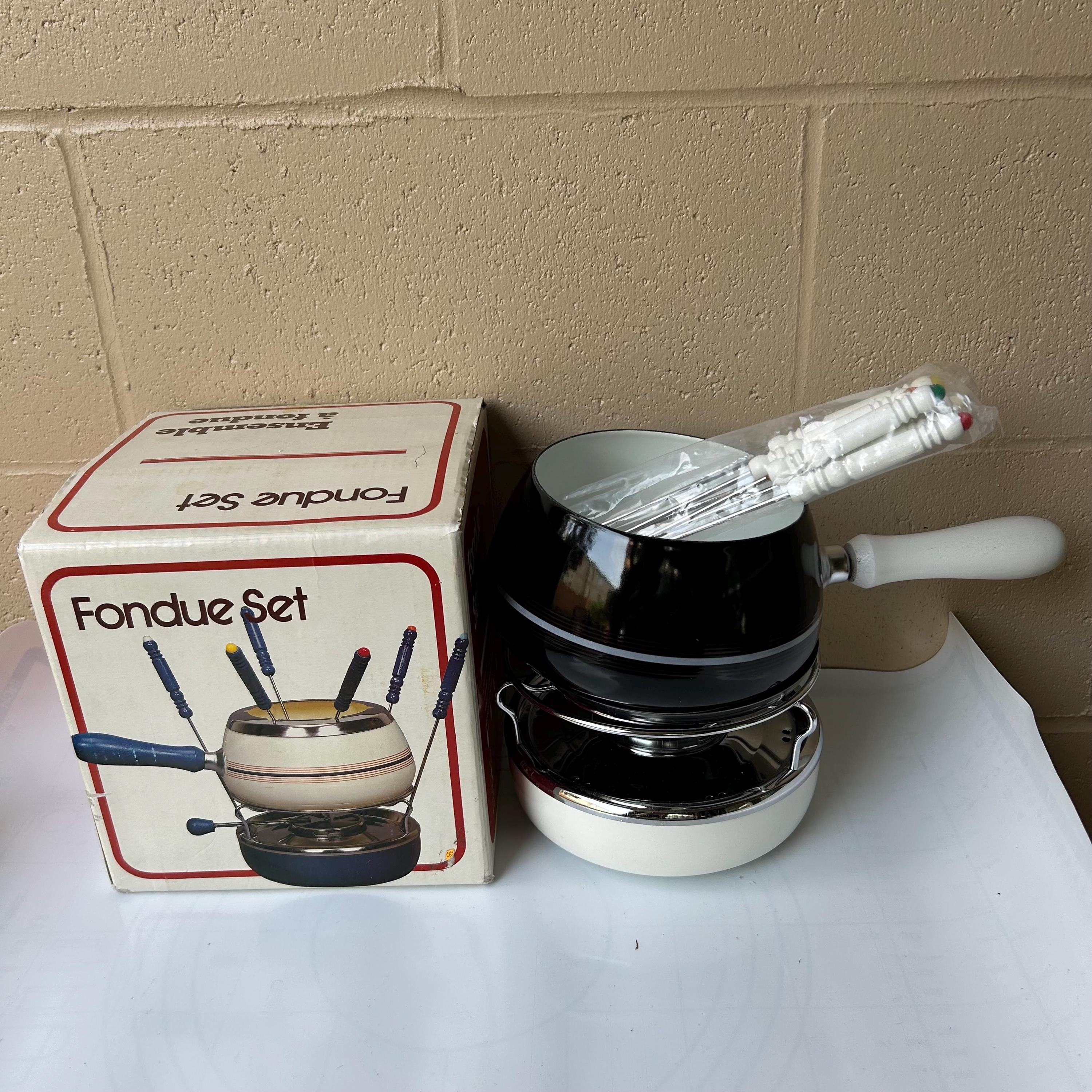 Vintage MCM 2 Liters Porcelain Steel Fondue Set With White Wooden ...