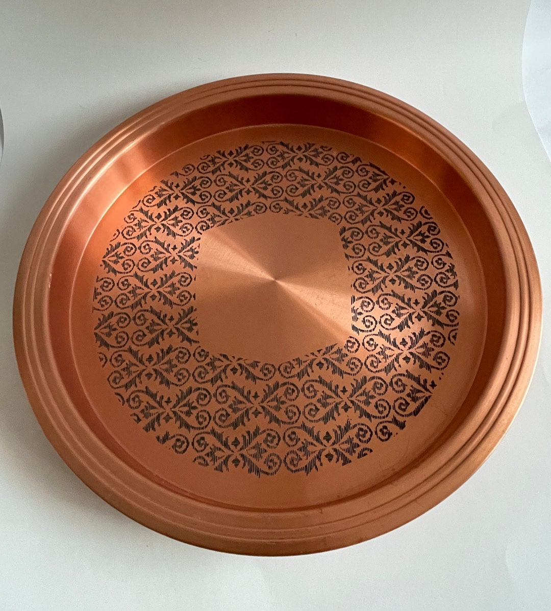 Antique Fantasy Copper Serving Tray, Etched Hand Wrought Copperware ...