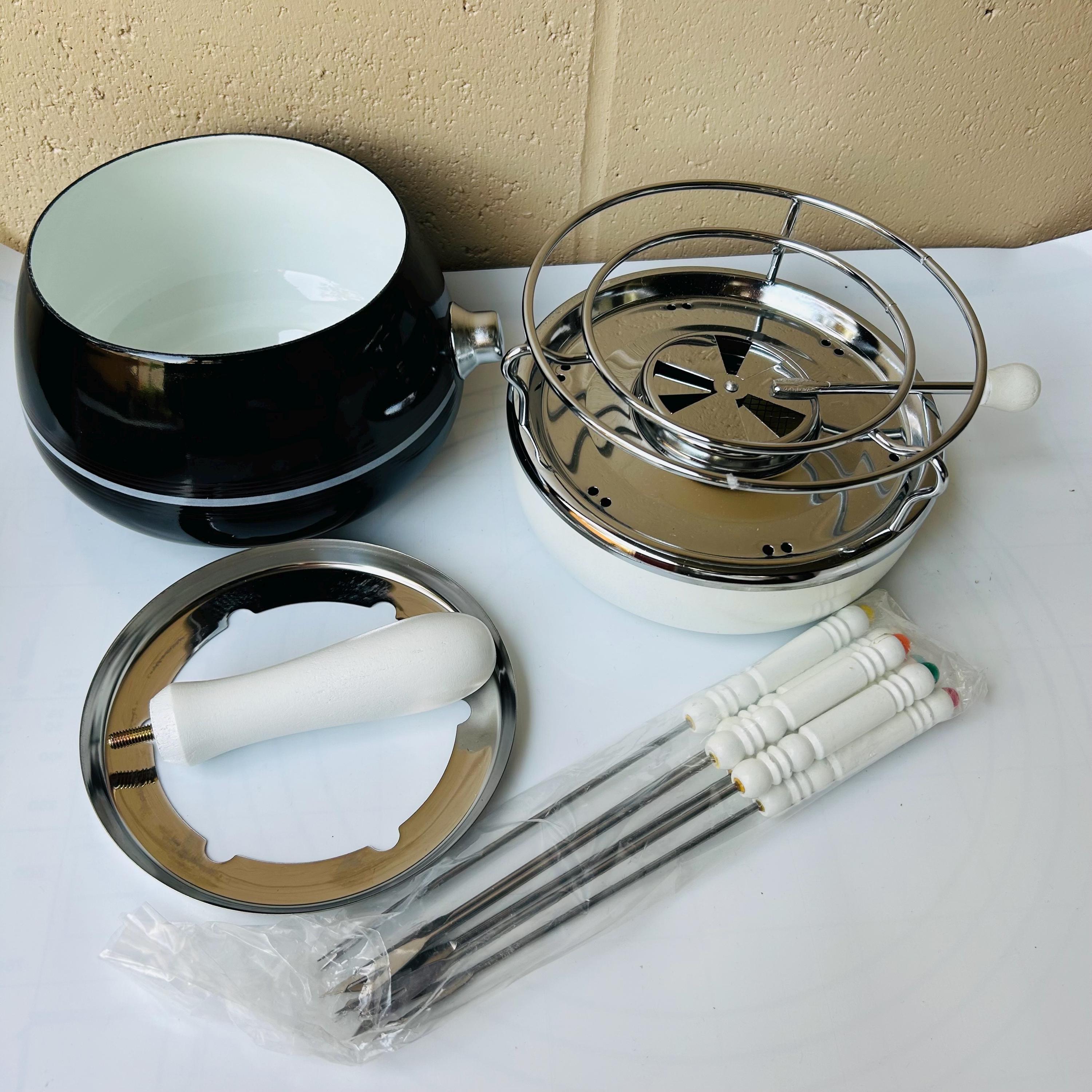 Vintage MCM 2 Liters Porcelain Steel Fondue Set With White Wooden ...