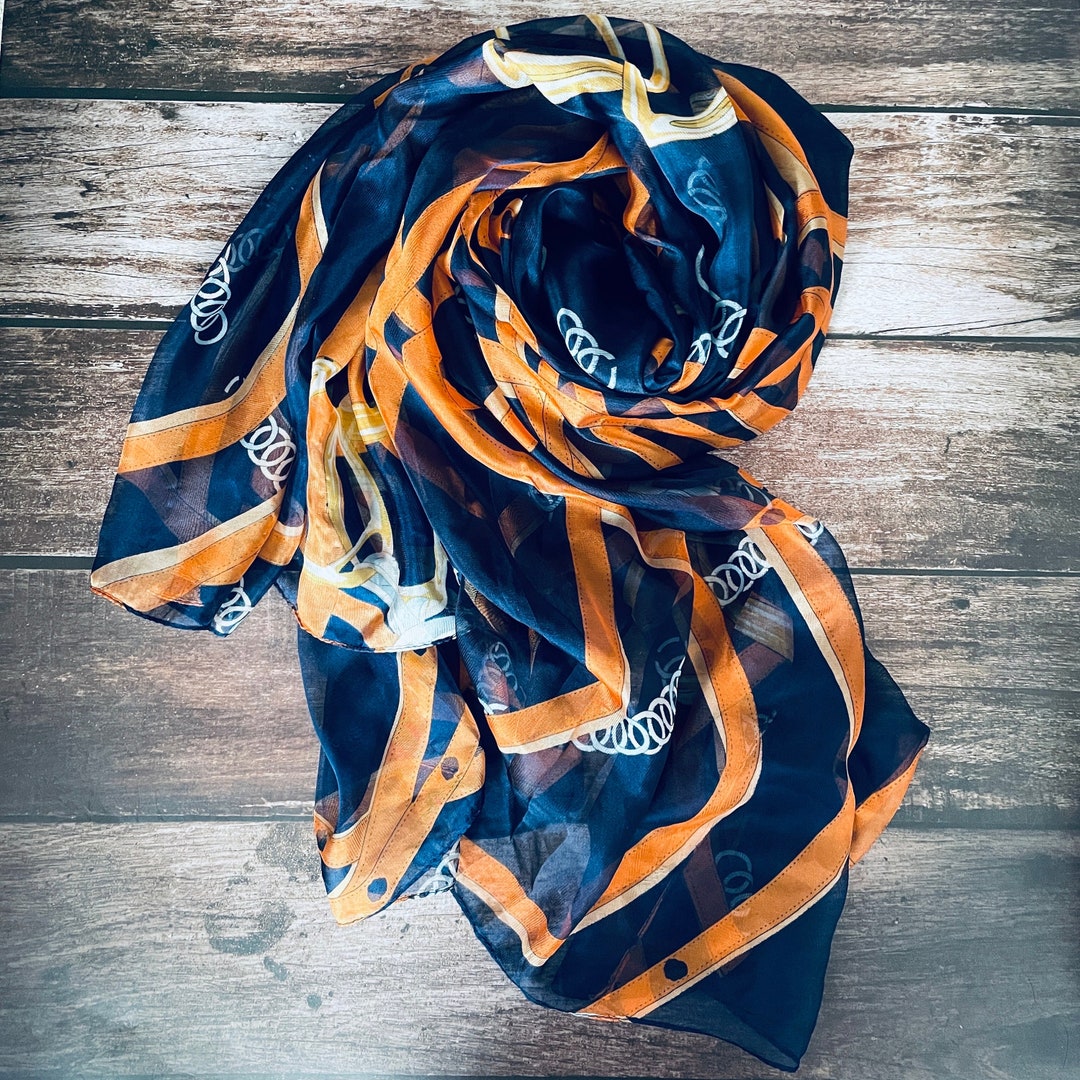 Vintage Extra Large Orange and Blue 100% Silk Feeling Polyester Scarf ...