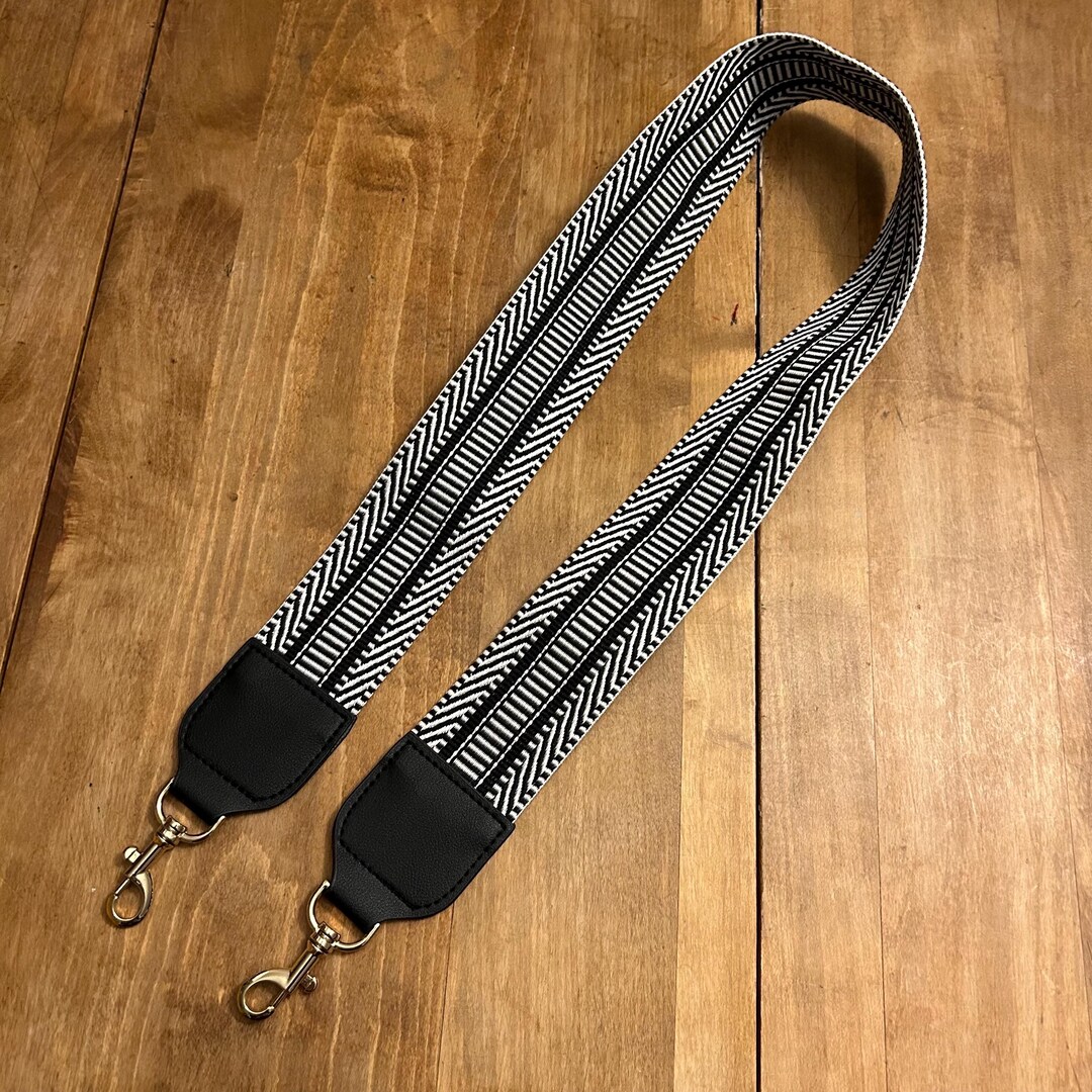 Black and White Wide Canvas Shoulder Strap Gold Hardware, Purse ...