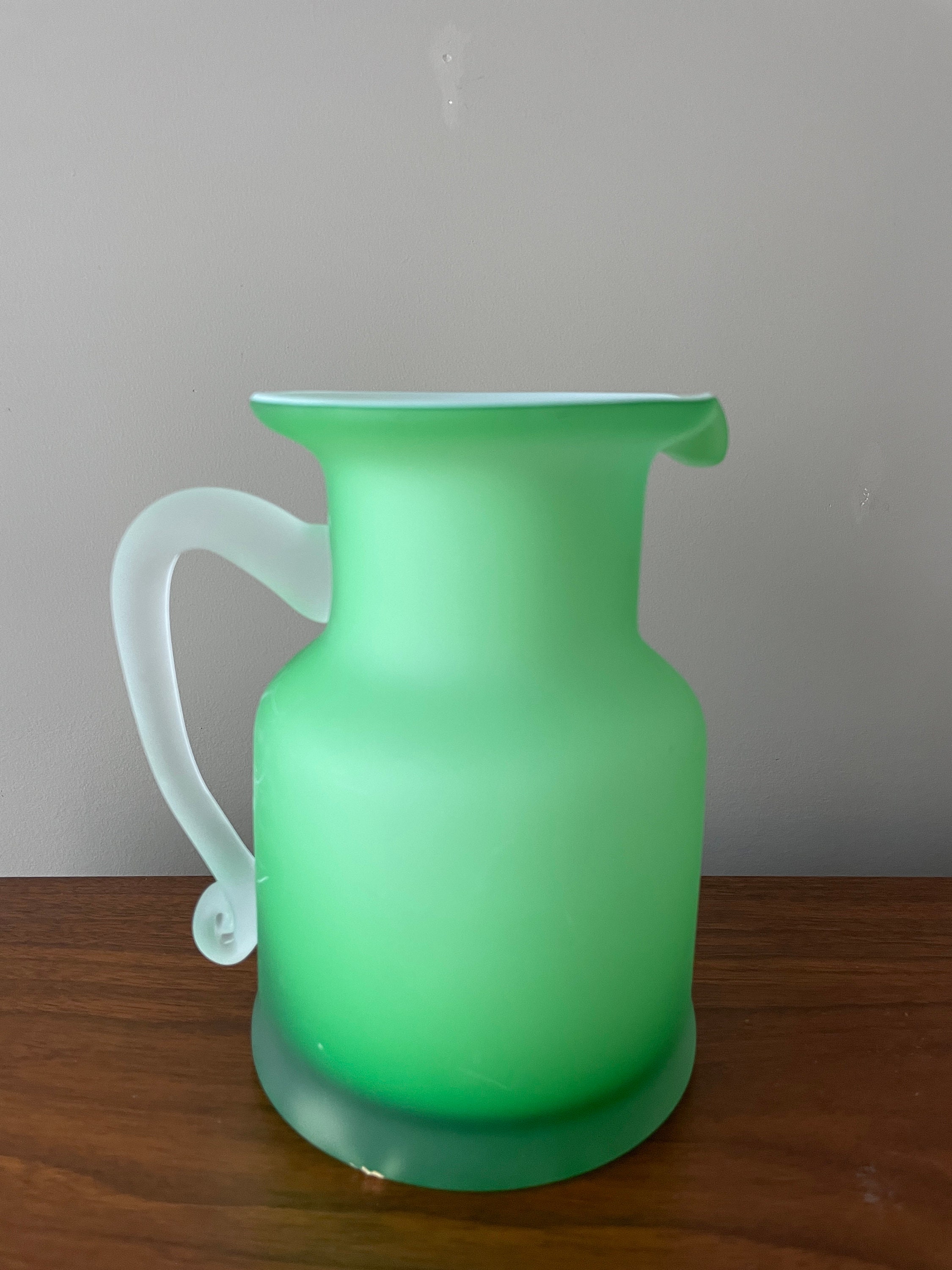 Vintage Green Frosted Glass Pitcher, Vintage Ground Glass Pitcher in ...