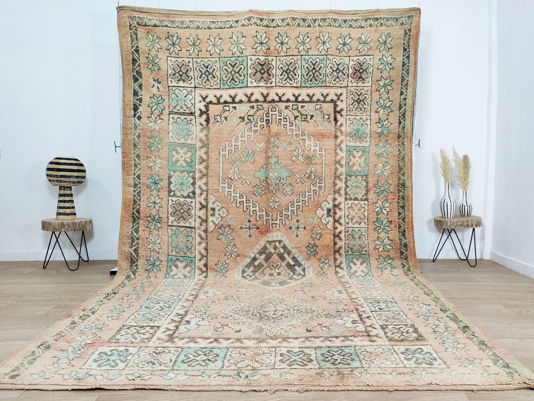 Vintage Moroccan Rug, Peach Boujaad Rug 7x12 Ft, Morrocan Rug 7.4x12.3 ...
