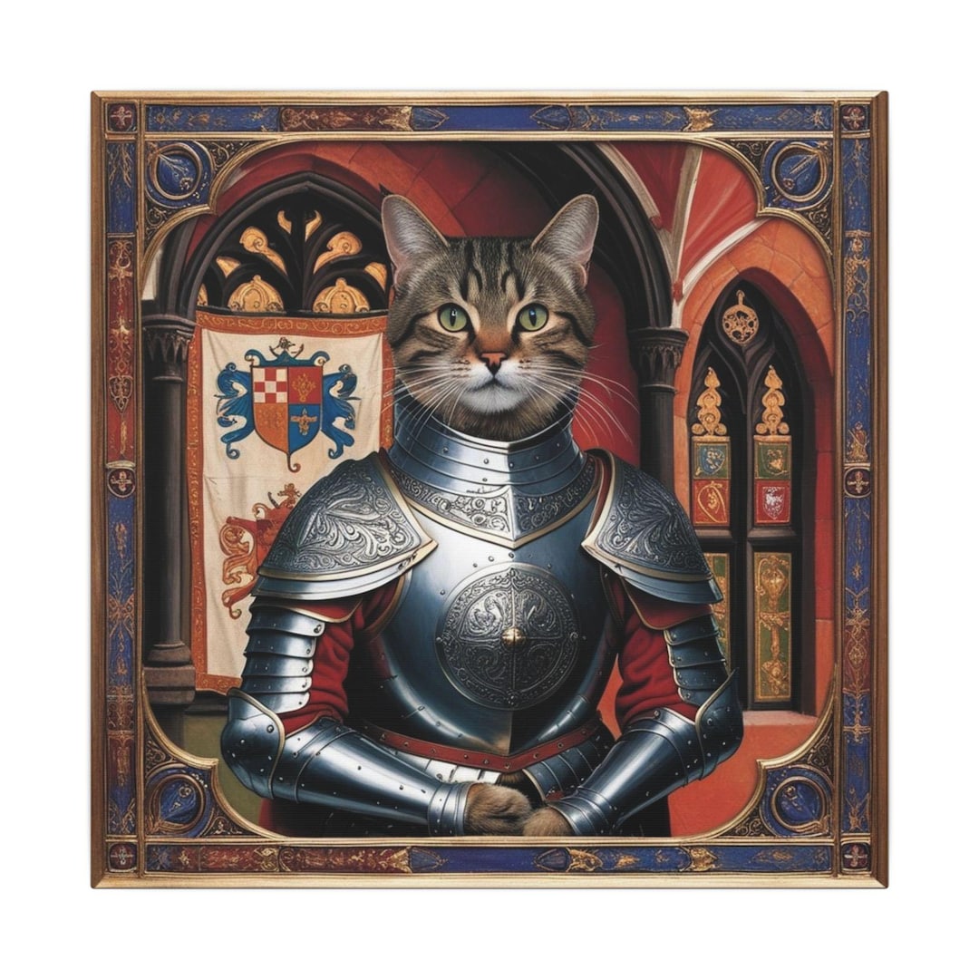 Medieval Cat Art, Regal Cat Portrait Wall Art, Feline Knight Canvas ...