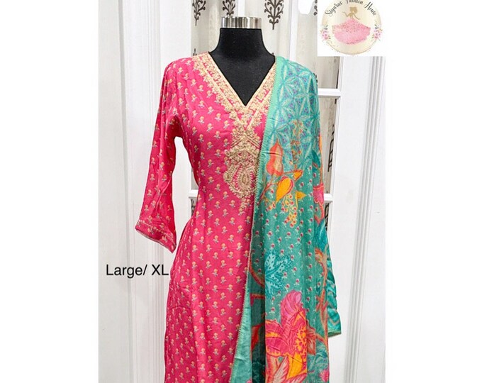 Gorgeous 3 Pc Silk Suit in Elegant Combo of Pink Kurti and Teal Blue ...