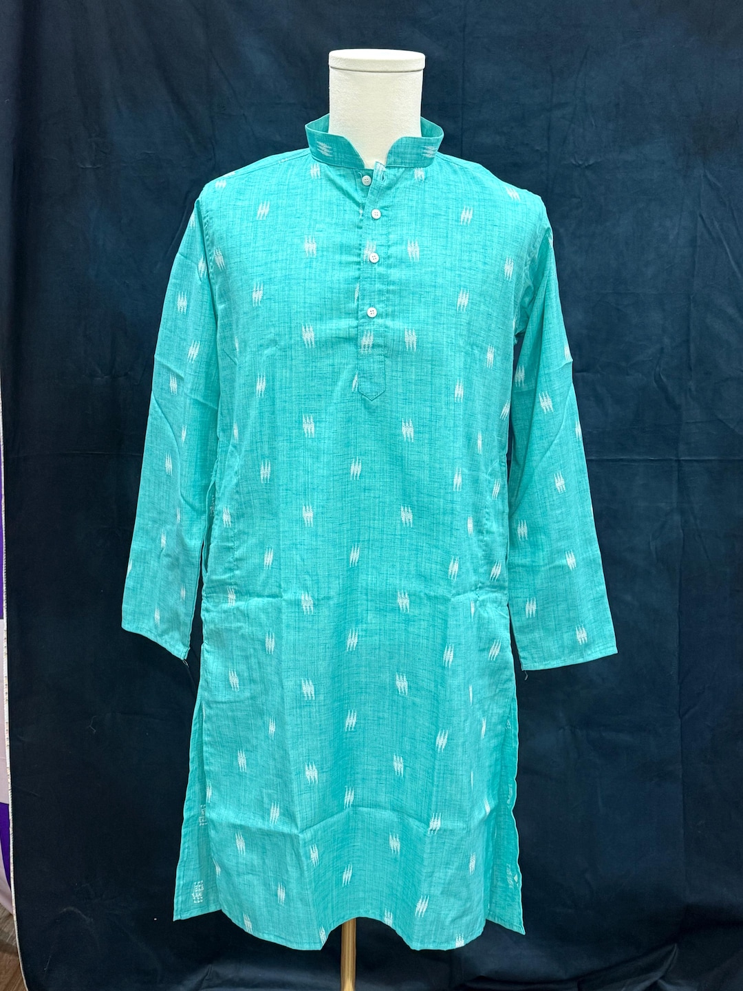 Men’s Turquoise Blue Khadi Cotton Kurta Pyjama Set | Size XL 42 | White ...