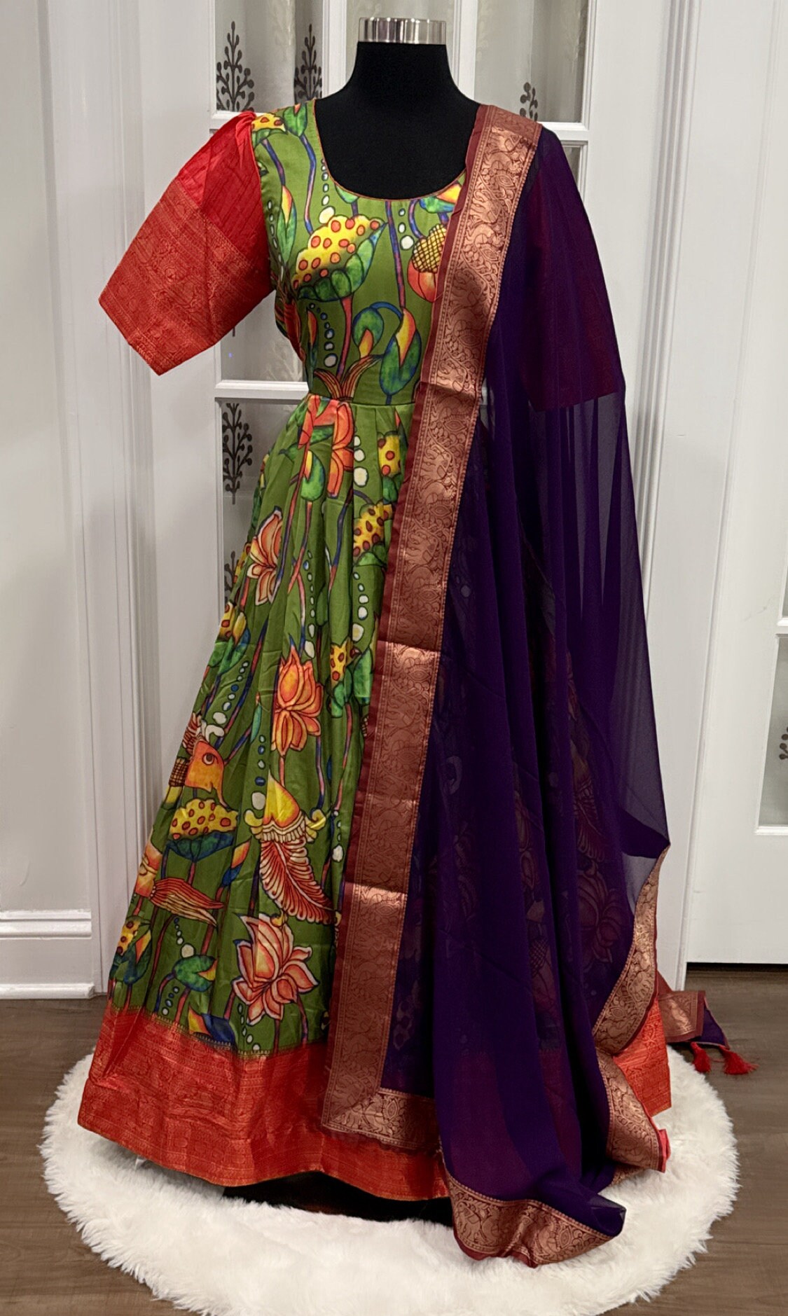 Kalamkari Pattu Dress With Vibrant Kansu Worked Belt and Georgette ...