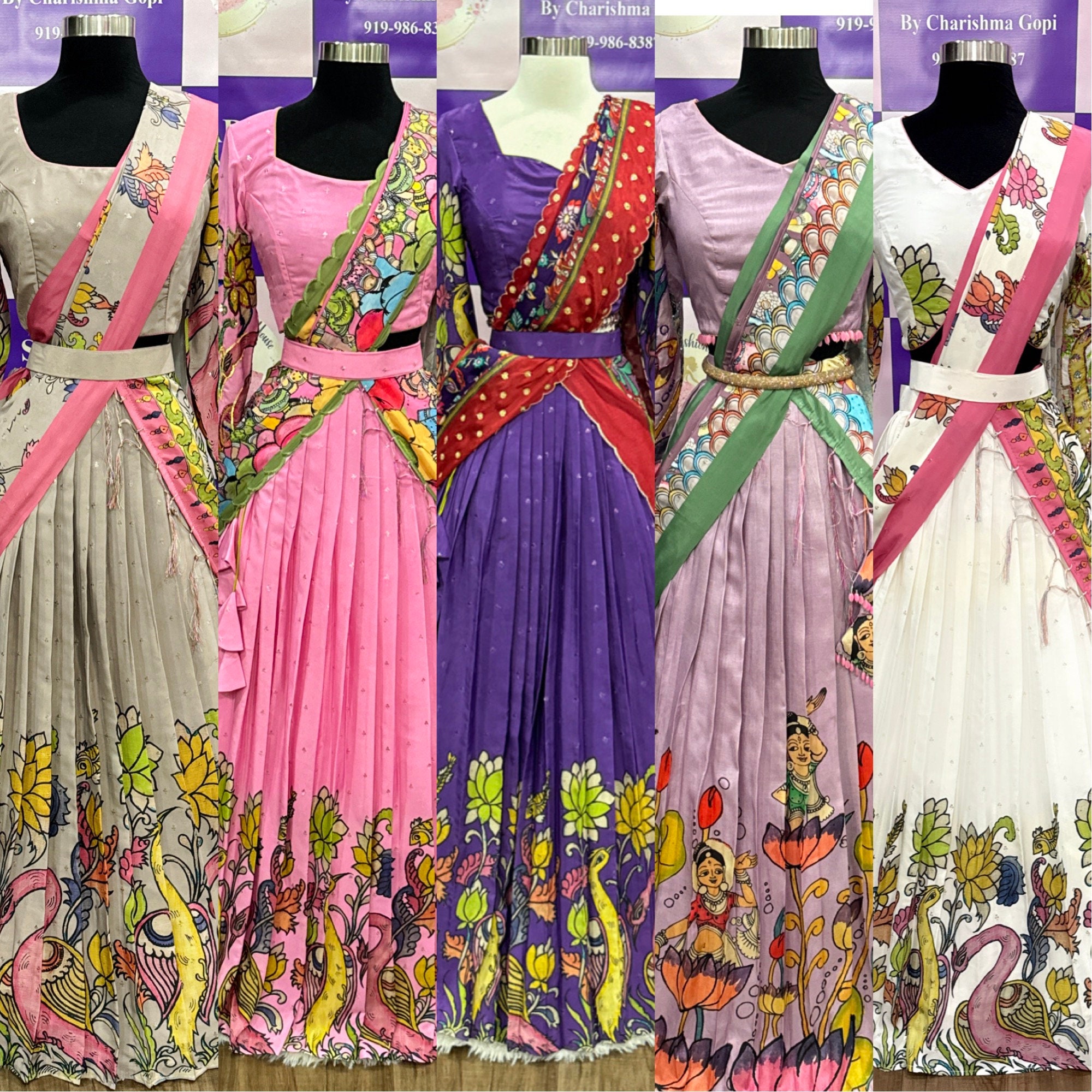 Beautiful Lavender Kalamkari Half Saree Maggam Work Blouse Full Hands ...