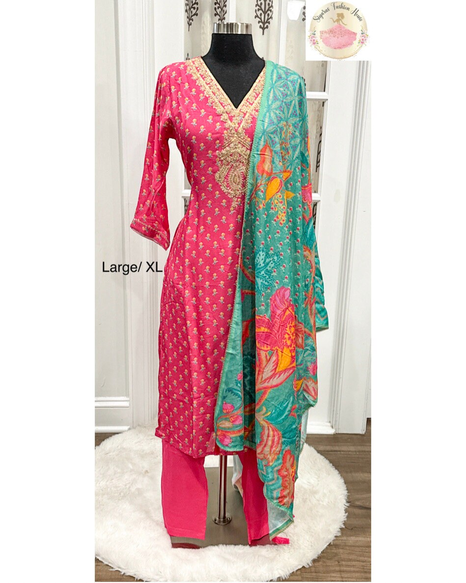 Gorgeous 3 Pc Silk Suit in Elegant Combo of Pink Kurti and Teal Blue ...