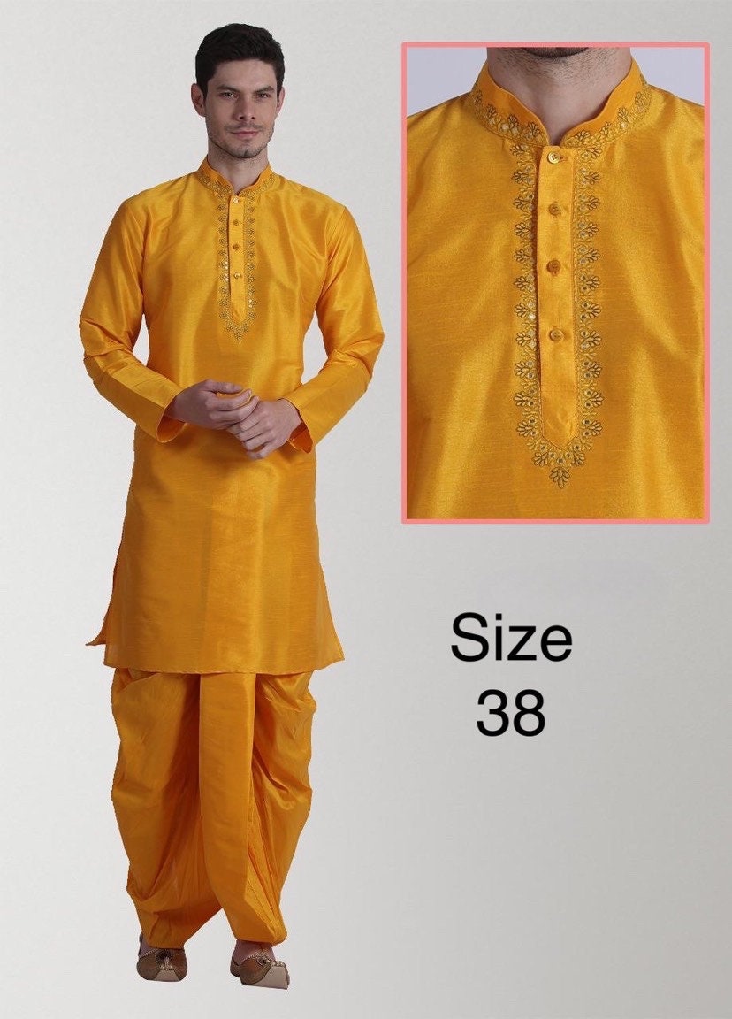 Mens Yellow Silk Kurta With Dhoti Sets Partywear Dress, Wedding ...