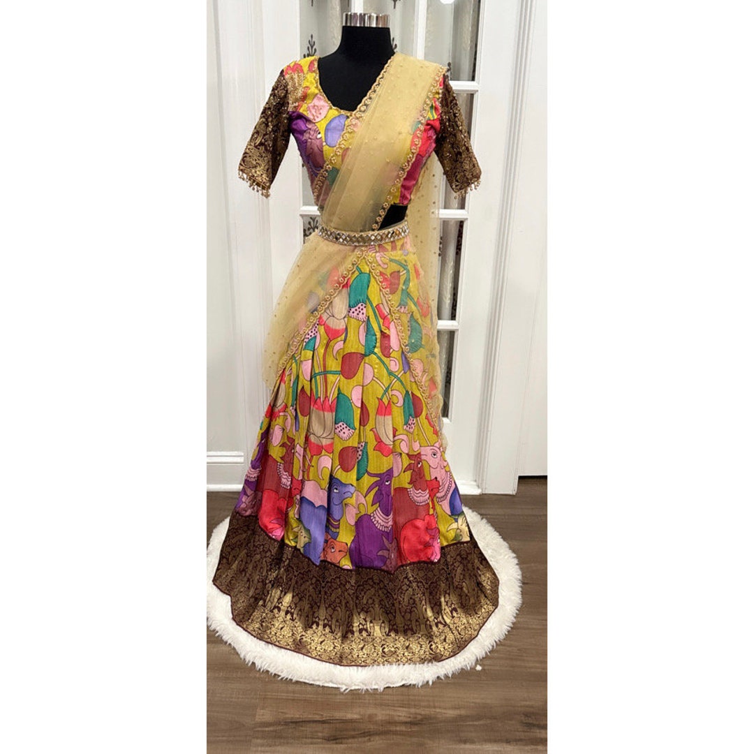 Gorgeous Pen Kalamkari Half Saree With Pattu Border. Hand Work / Maggam ...