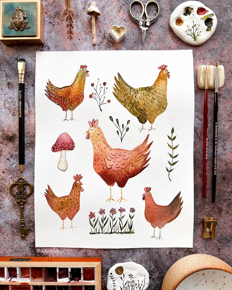 Watercolor Hens Painting, Chickens Print, Chicken Decor. - Etsy