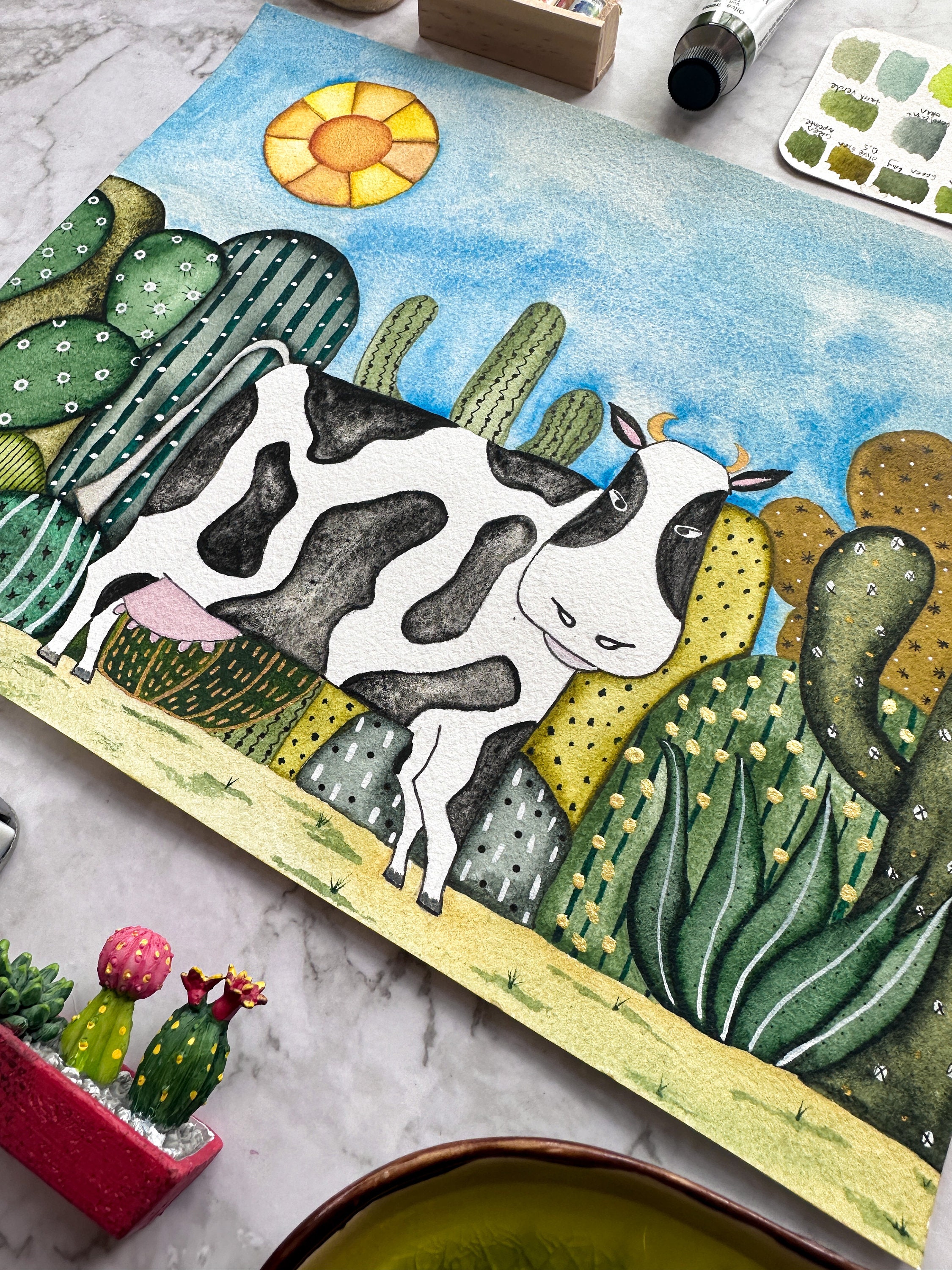 Cow in the Desert, Cow Painting, Desert Art Work, Cow Nursery, Cacti ...