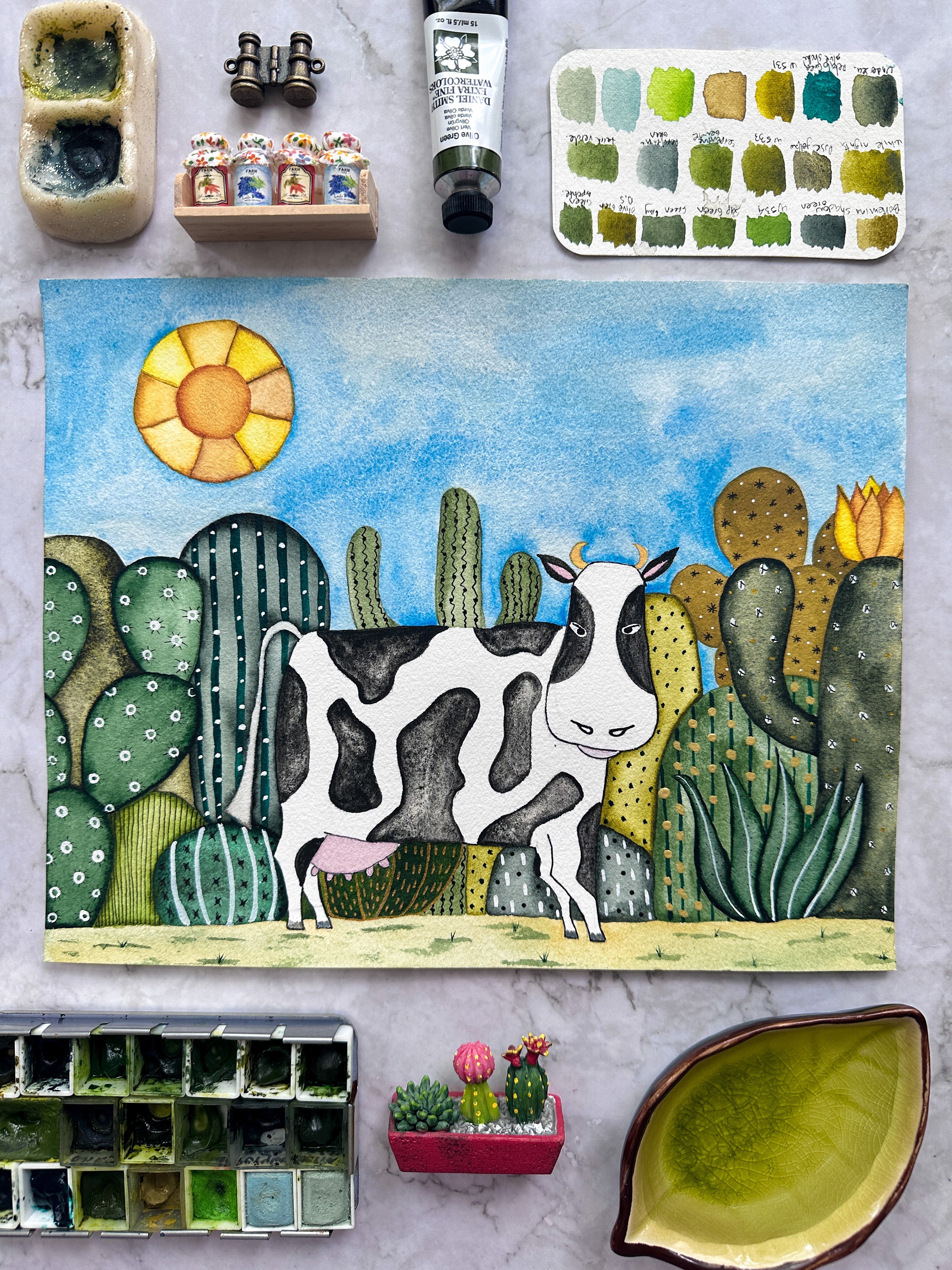 Cow in the Desert, Cow Painting, Desert Art Work, Cow Nursery, Cacti ...