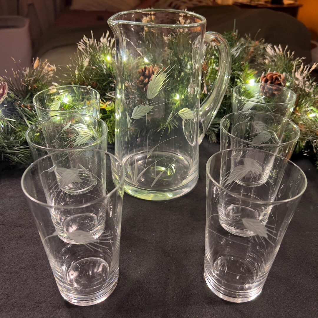 Craftsman Wheat and Rye Etched Poured Crystal Pitcher With 6 Matching ...
