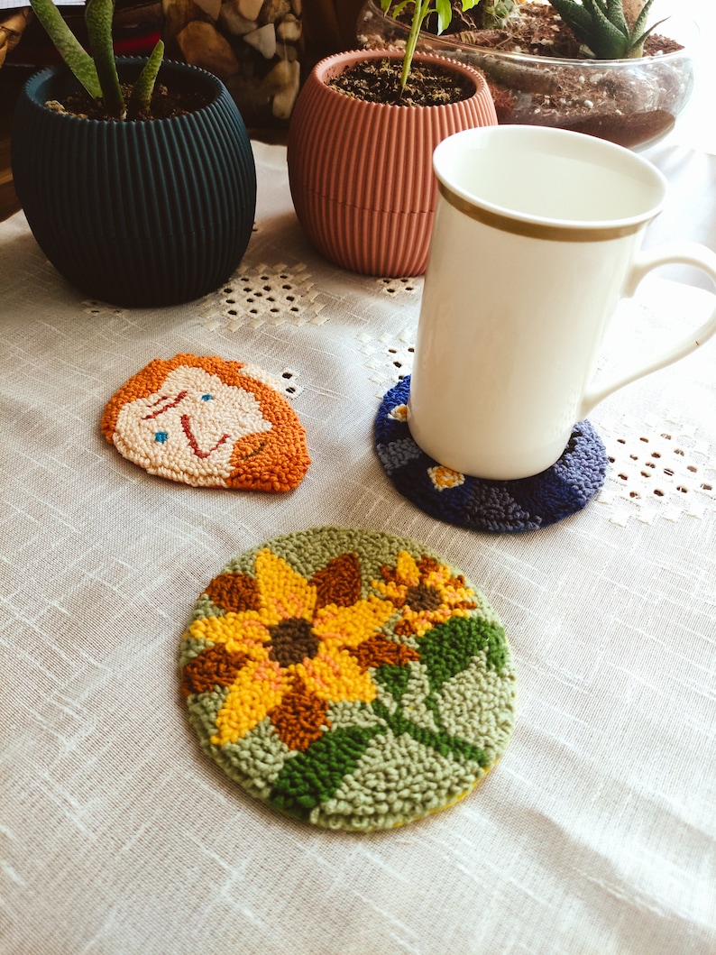 Van Gogh Inspired Punch Needle Drink Coasters, Hand Tufted Mug Rugs ...