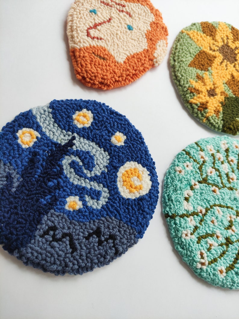 Van Gogh Inspired Punch Needle Drink Coasters, Hand Tufted Mug Rugs ...