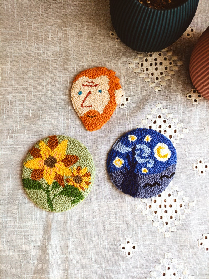 Van Gogh Inspired Punch Needle Drink Coasters, Hand Tufted Mug Rugs ...