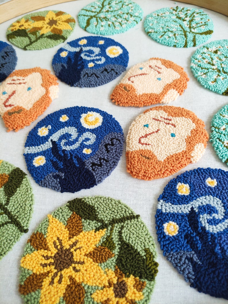 Van Gogh Inspired Punch Needle Drink Coasters, Hand Tufted Mug Rugs ...