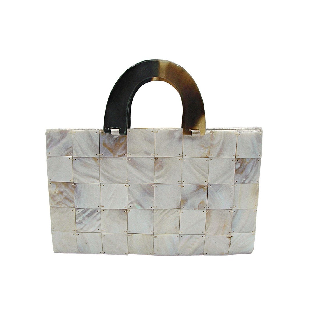 1980s Mother of Pearl Handbag Purse Tiled Tortoise Shell Acrylic Handle ...