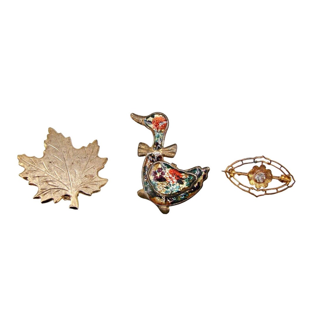Lot 3 Brooch Pins Leaf Enameled Duck Oval Filigree Rhinestone Vintage ...