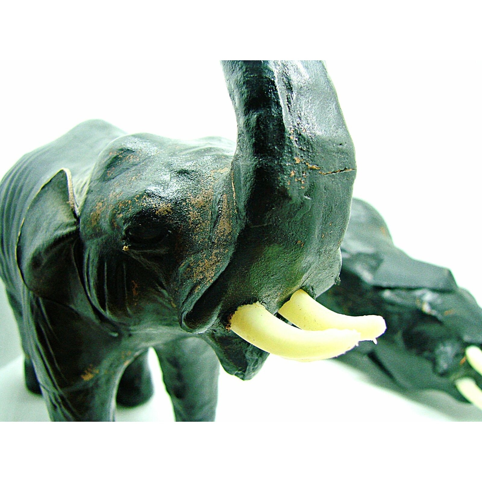Leather Wrapped Elephant Sculptures Trunks up Tusks Good Luck Mom Baby ...